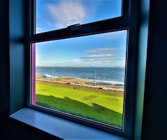 Janela com vista para uma área gramada e um corpo d'água.