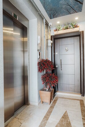 Um elevador, uma porta com placa de número, uma planta em vaso e um chão ladrilhado.