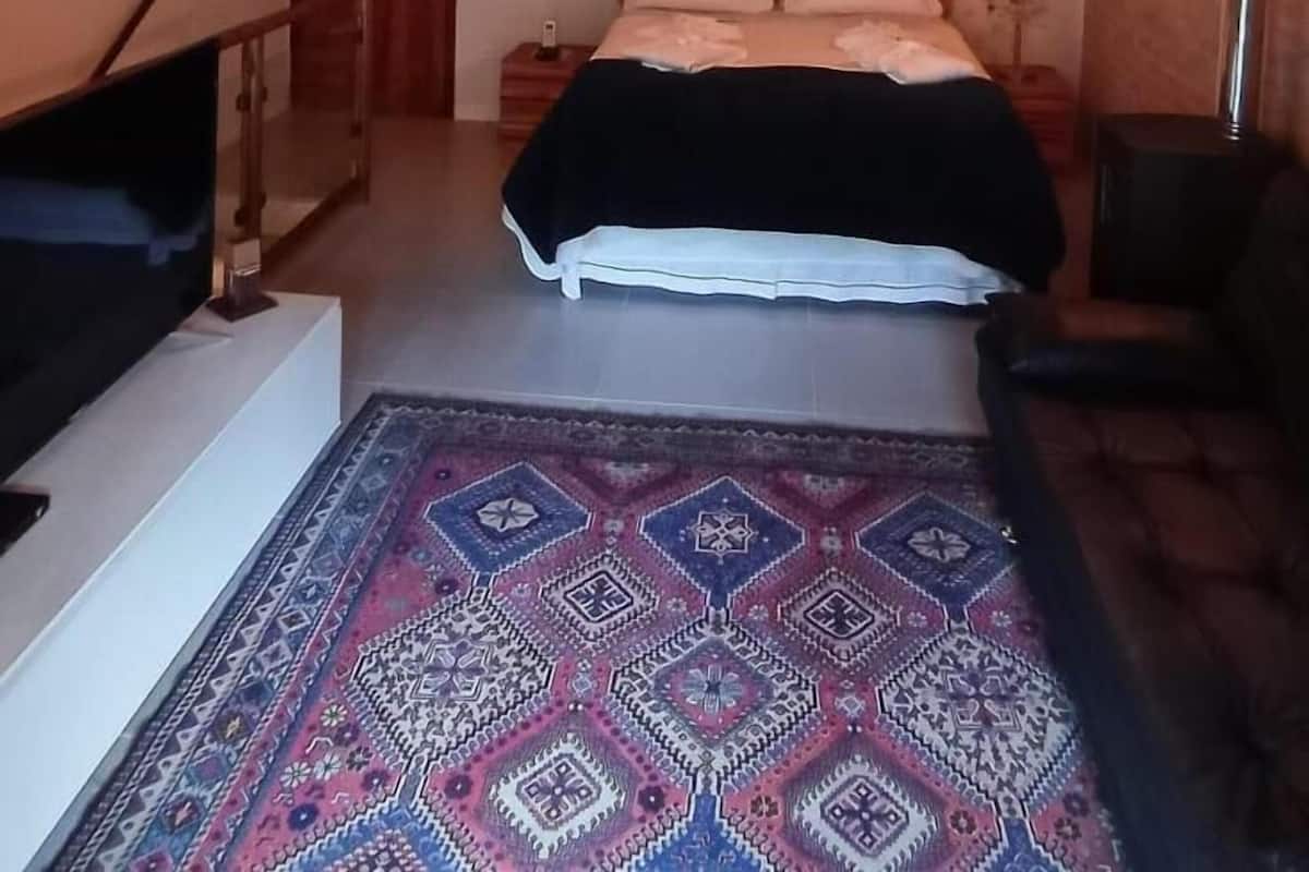 Quarto com teto de madeira, cama com colcha preta e branca, lustre, tapete estampado e uma TV sobre suporte.