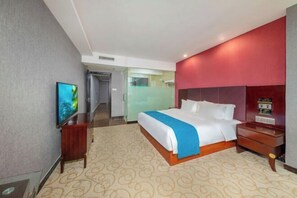 Quarto de hotel com uma cama, televisão, escrivaninha e espelho.
