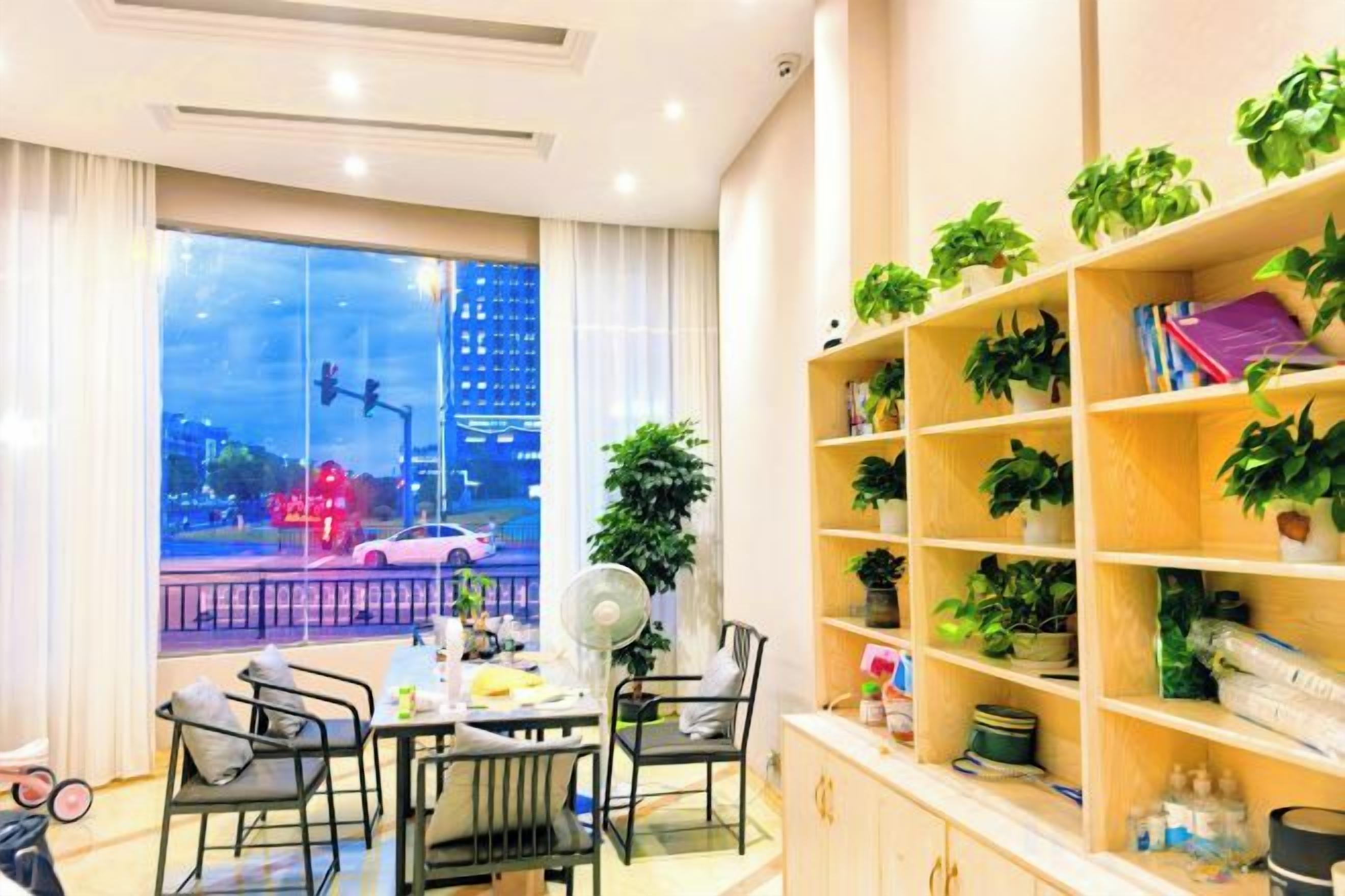 Quarto com uma mesa de jantar, cadeiras, um ventilador e vista para uma rua da cidade. Há prateleiras com plantas e livros.