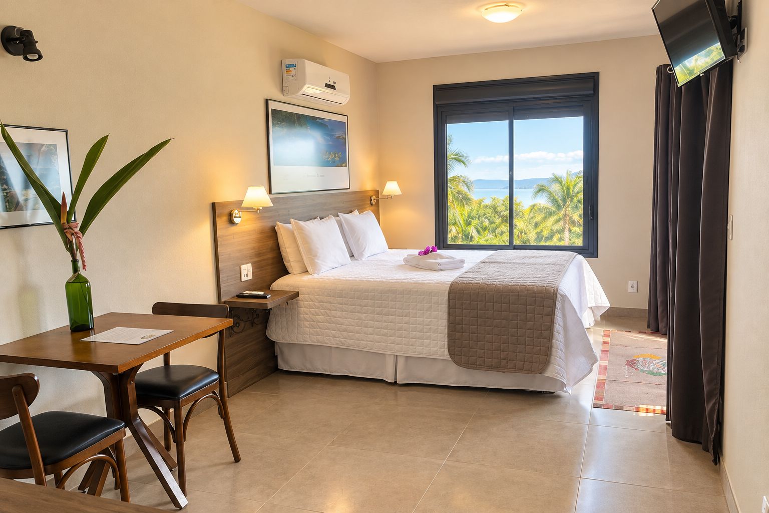 Quarto de hotel com cama, mesa de cabeceira, abajur e vista para palmeiras pela janela.