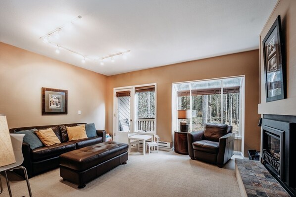 Apartamento em Condomínio Fechado, 1 quarto | Sala de estar | Lareira, monitores 