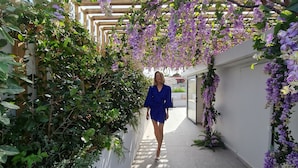 Um caminho bordeado por flores roxas e vegetação, levando à entrada de um edifício.