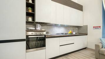 Apartamento clássico | Cozinha privada | Geladeira grande, micro-ondas, fogão, cooktop