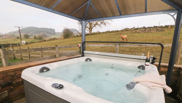 Uma banheira de hidromassagem sob uma área coberta, com vista para um campo gramado e um cavalo ao longe.