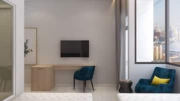 Quarto quádruplo luxo | Escrivaninha, Wi-Fi de cortesia, roupa de cama