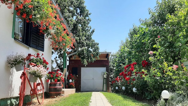Uma casa com porta de garagem, um pequeno jardim com flores vermelhas e um caminho que leva à garagem.
