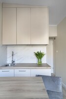Suíte estúdio luxo | Cozinha privada | Frigobar, cooktop, lava-louças, talheres/pratos/utensílios de cozinha