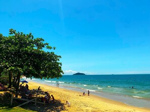 Uma praia com pessoas, uma cerca de madeira e uma árvore.
