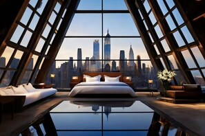 Quarto de hotel moderno com vista para o horizonte urbano através de amplas janelas, uma cama, um sofá e um piso refletivo.