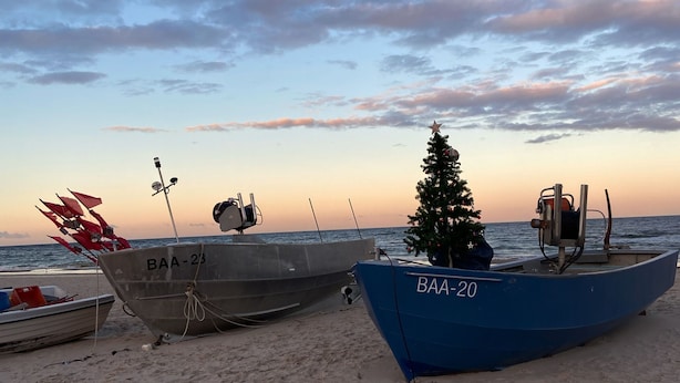 Dois barcos numa praia arenosa, com céu claro e um pinheiro de Natal.