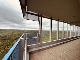 Varanda com vista para uma paisagem arborizada.