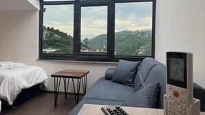 Quarto moderno com um amplo claraboia, um sofá, uma cama, uma mesa e um controle remoto.