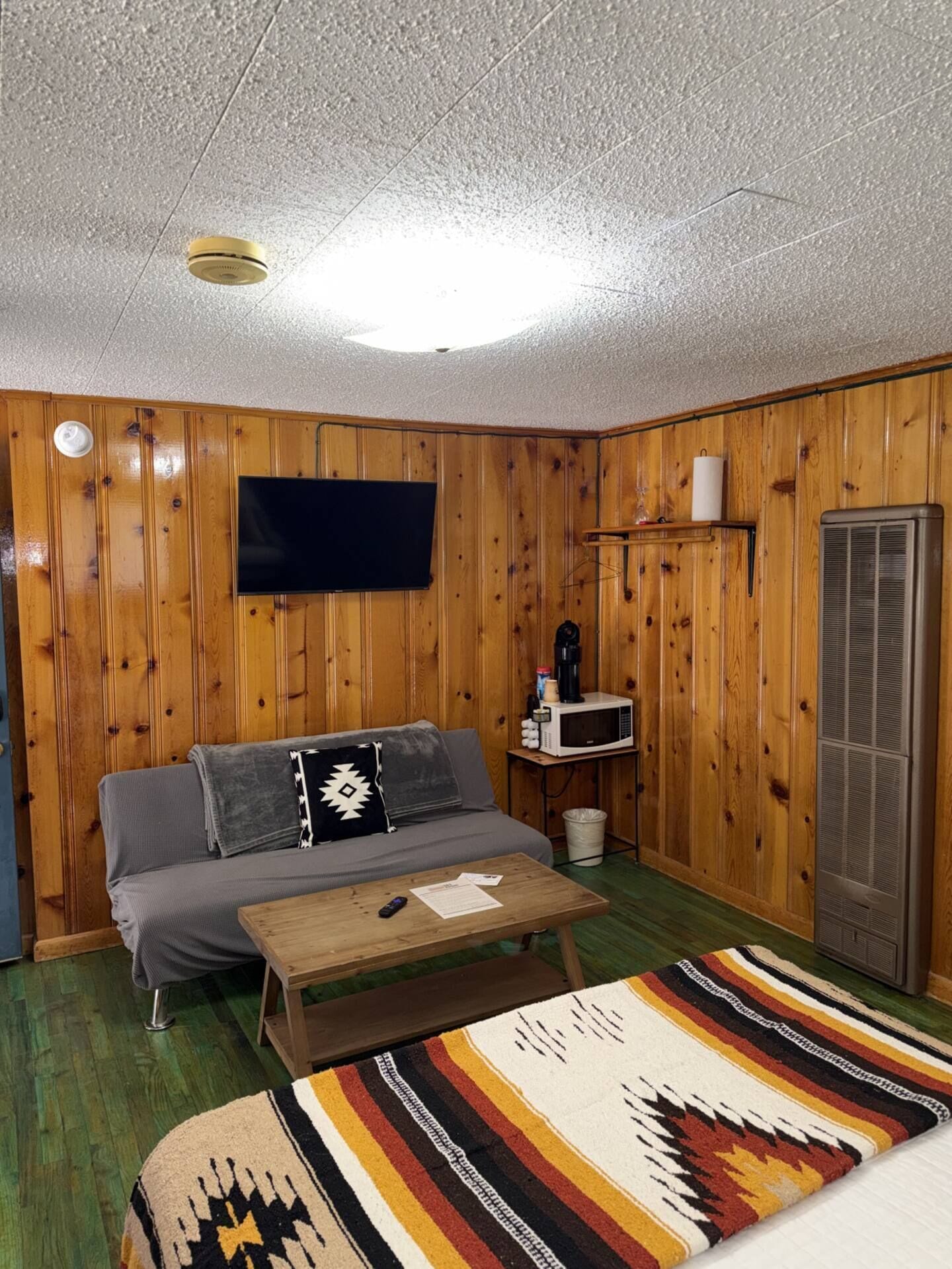 Quarto com sofá, televisão, máquina de café, micro-ondas e aquecedor.
