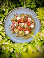 Prato de comida com diversos ingredientes, cercado por vegetação.