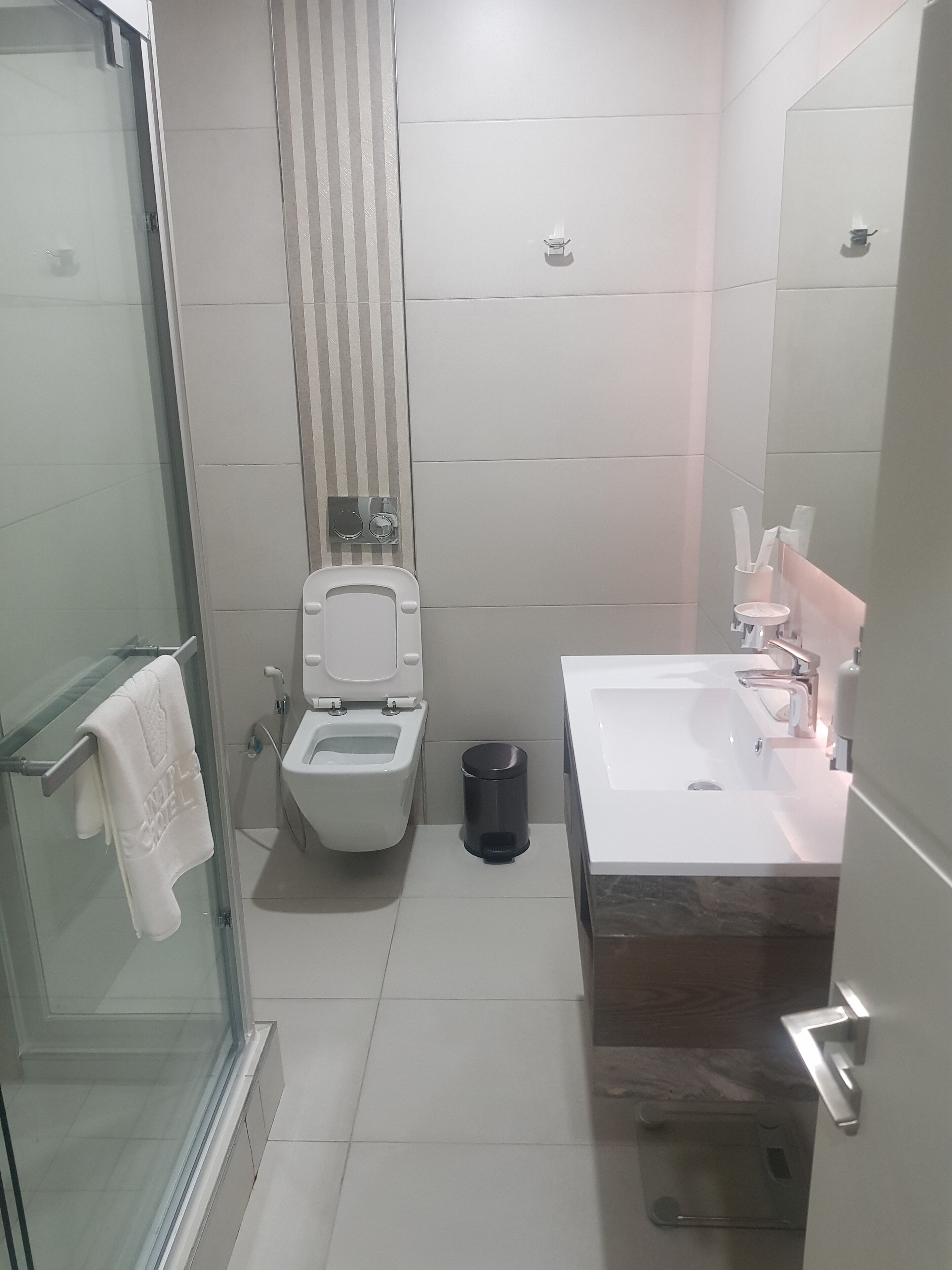 Casa de banho moderna com cabine de duche em vidro, sanita, lavatório e um contentor de lixo.