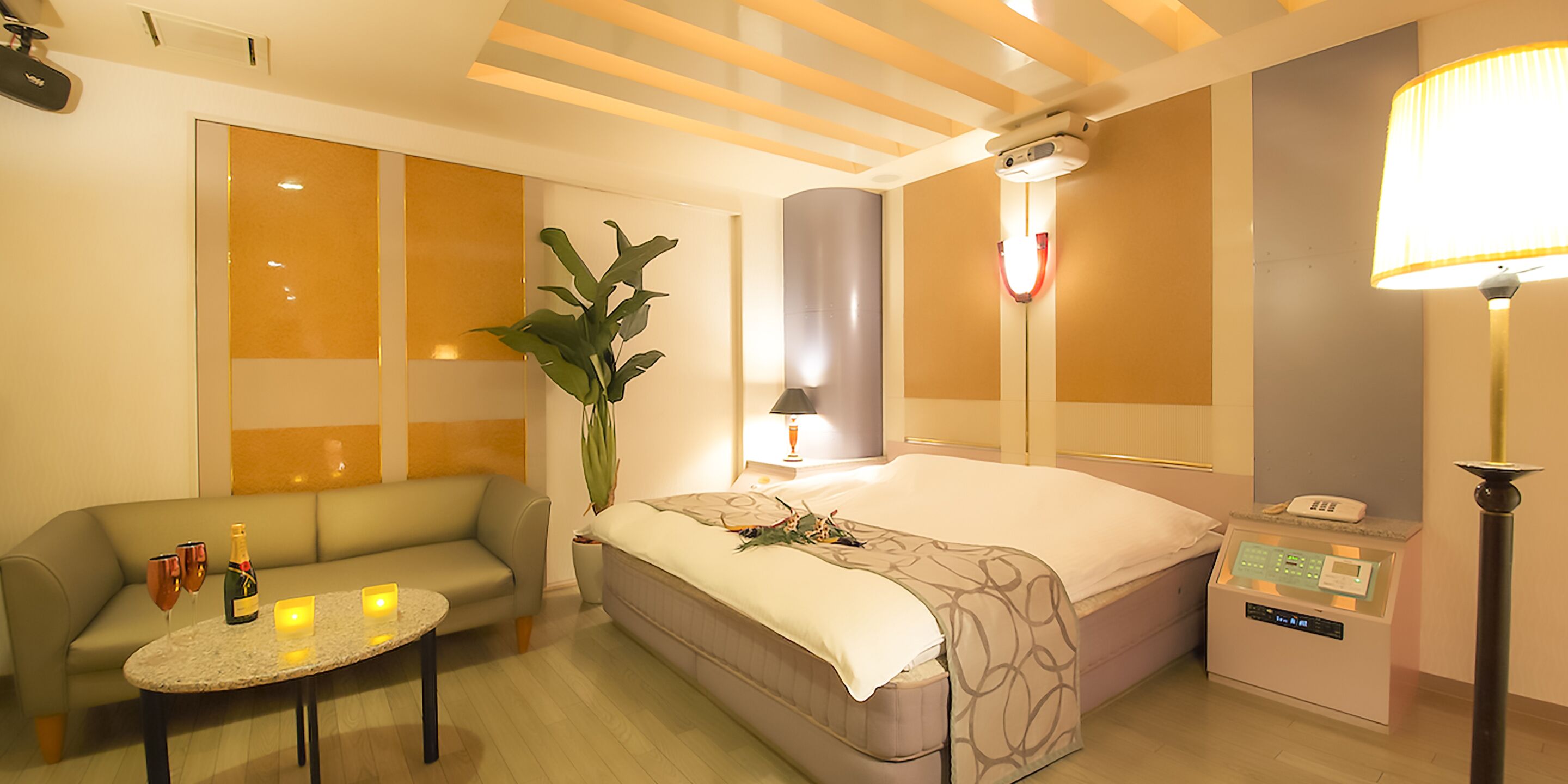 Quarto de hotel com uma cama, um sofá, uma pequena mesa com bebidas, uma planta, um abajur e um painel de controle.