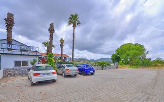 Um hotel com placa, carros estacionados, palmeiras e montanhas ao fundo.