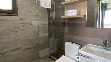 Quarto Standard, 1 cama de casal, vista para o mar, junto ao jardim | Casa de banho | Um chuveiro fixo, um secador de cabelo, toalhas fornecidas, sabão