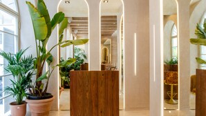 Um lobby moderno com balcão de recepção de madeira, plantas em vasos e espelhos em arco.