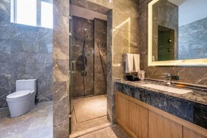 Uma casa de banho moderna com chuveiro de mármore, sanita e toucador com um espelho grande.