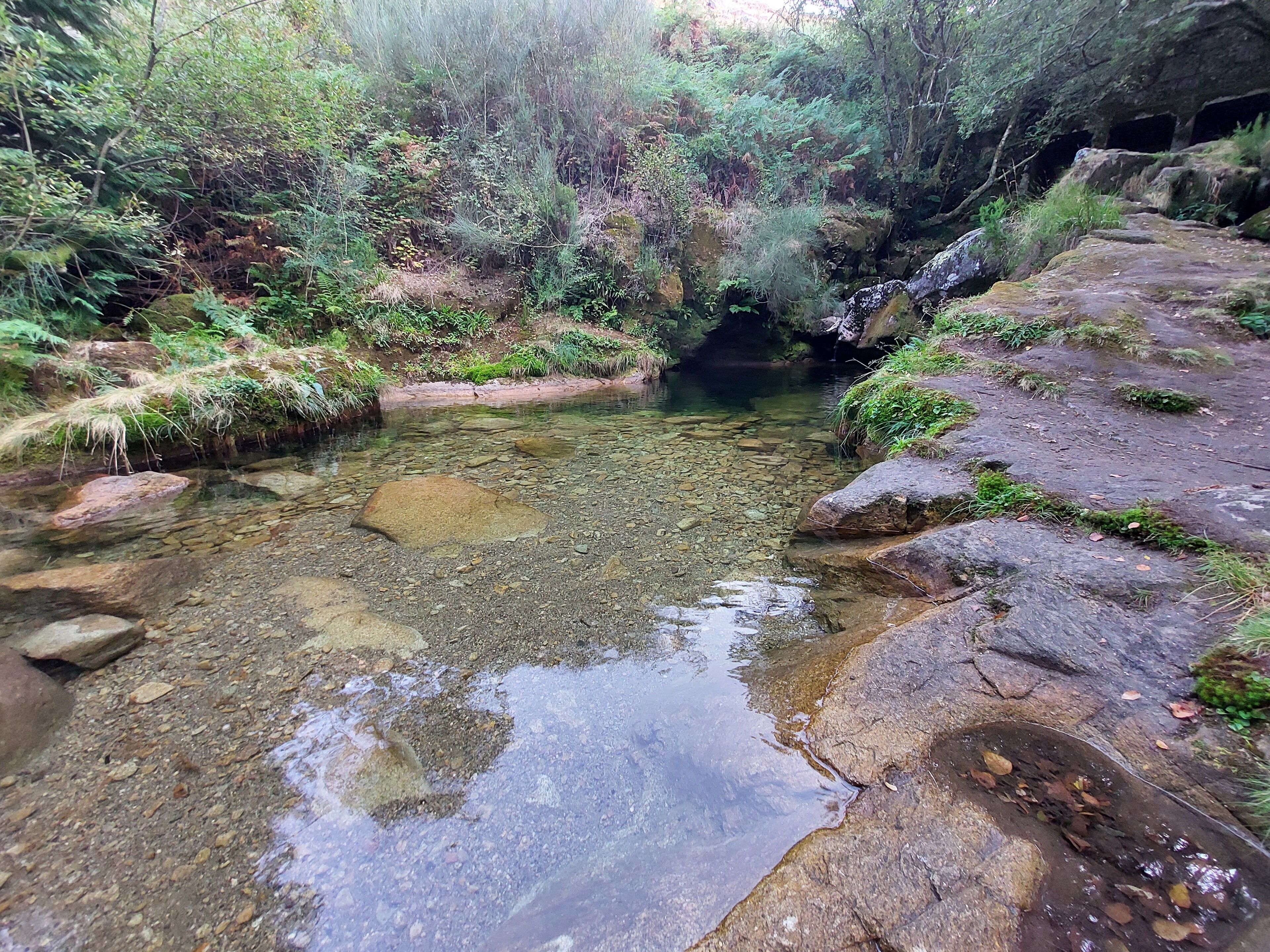 Uma fonte natural rodeada por rochas e vegetação.