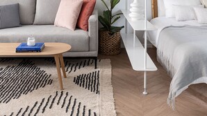 Uma sala de estar moderna com sofá, mesa de centro, cama, estante branca com plantas e duas fotos emolduradas na parede.