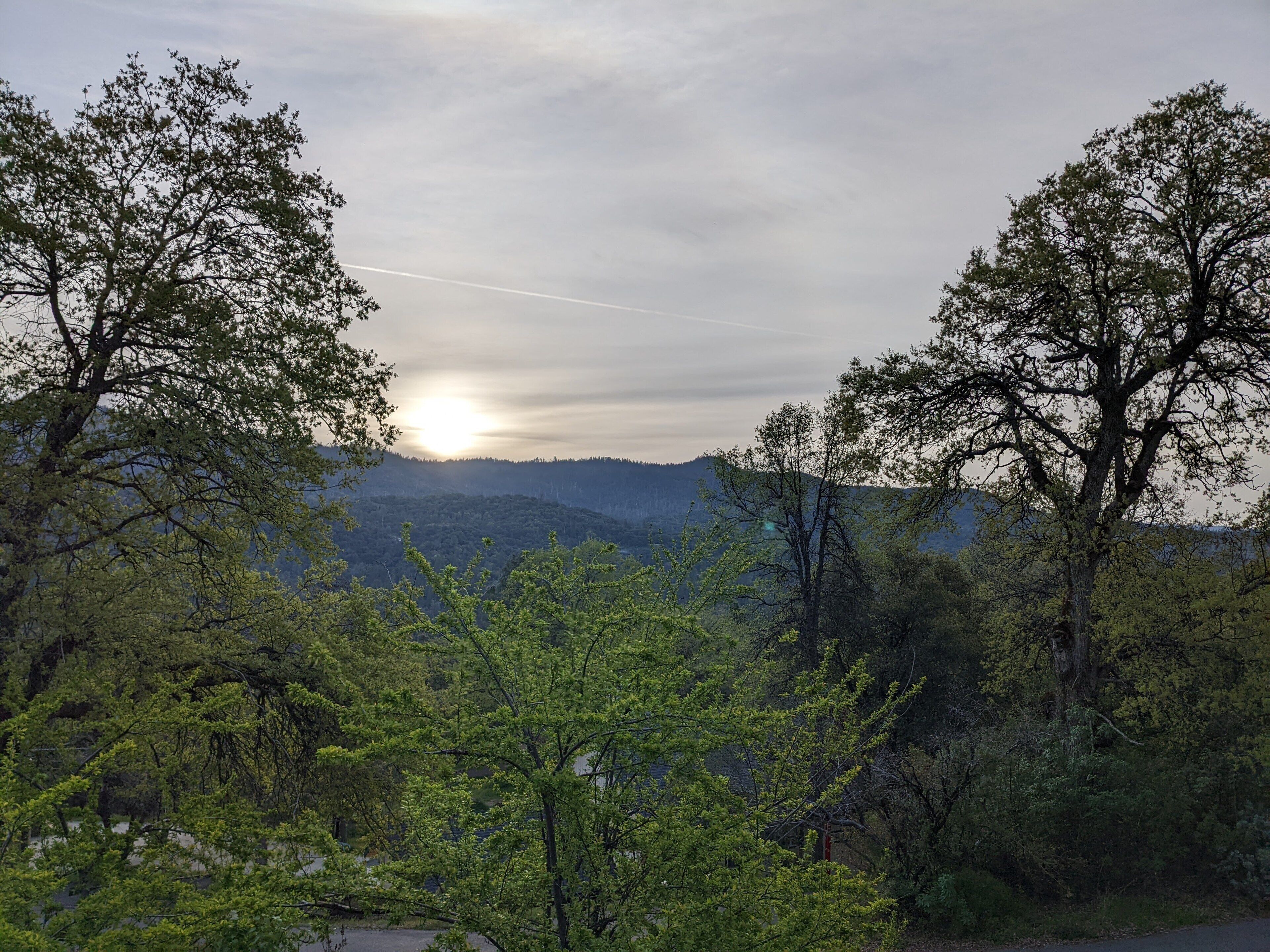 Paisagem arborizada com vista do sol se pondo atrás de colinas.