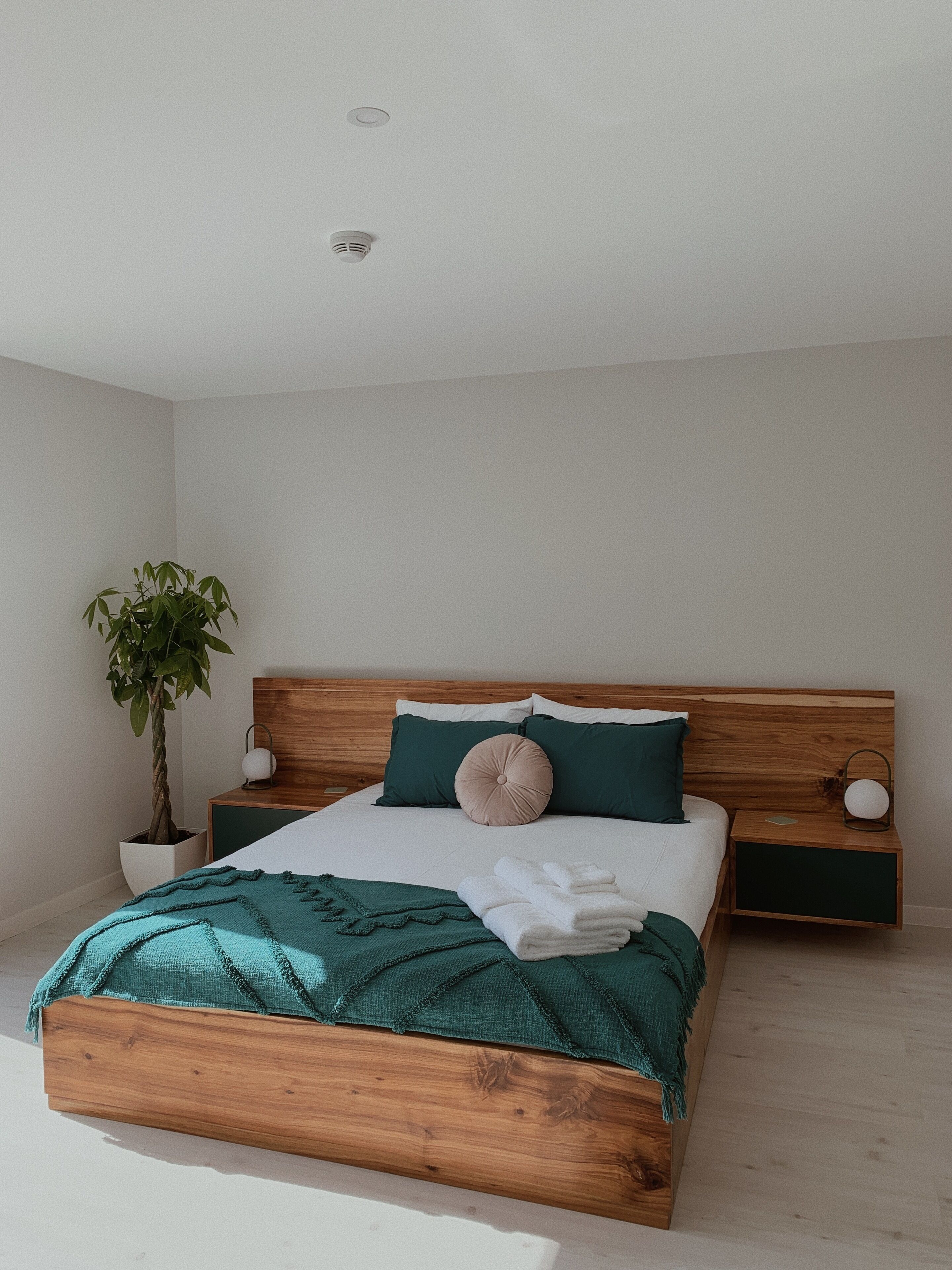 Quarto moderno com estrutura de cama de madeira, uma planta em vaso e mesa de cabeceira com abajur.