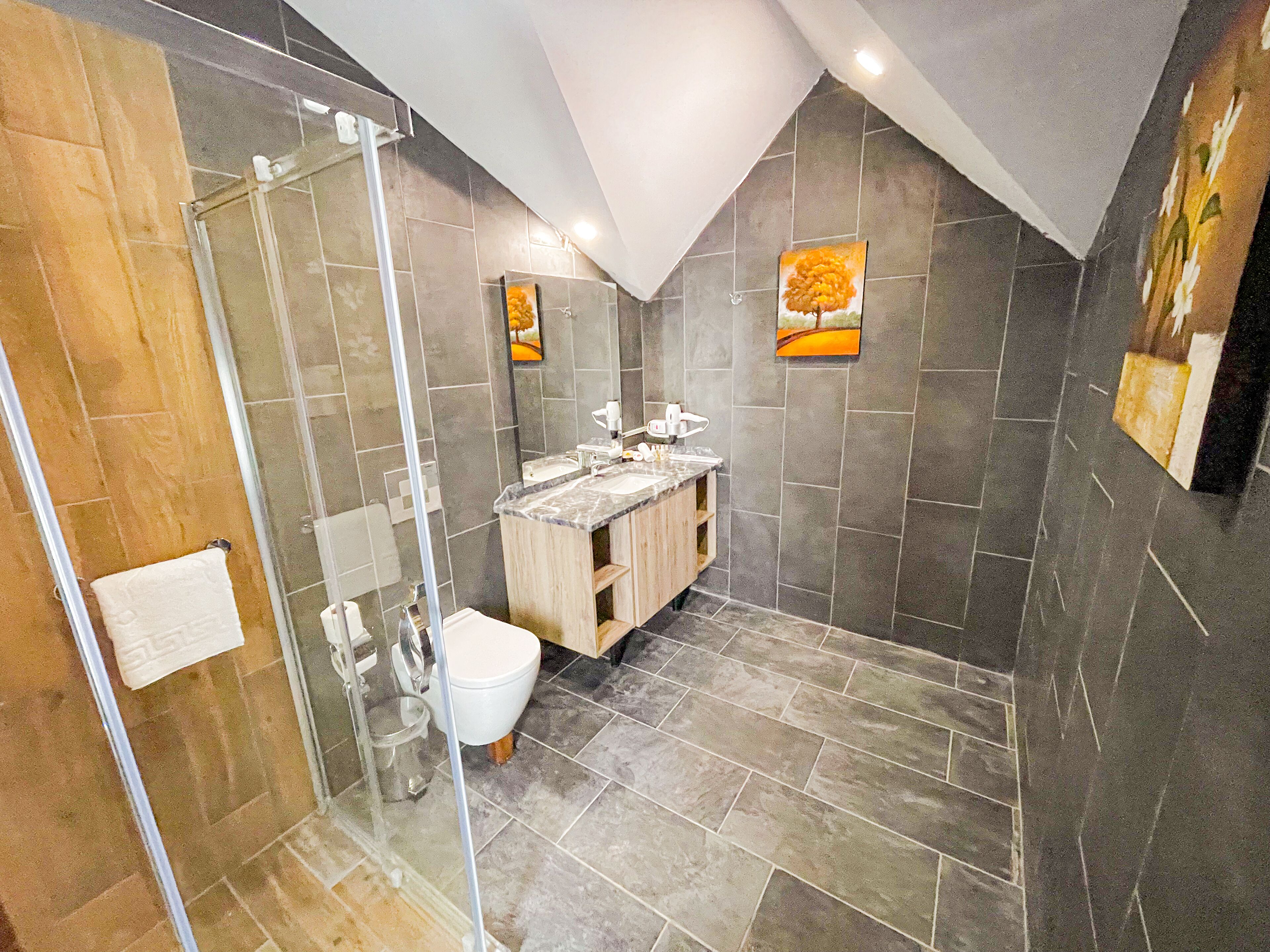 Chuveiro com efeito de chuva, produtos de toalete de grife