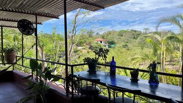 Área de estar externa com mesa e cadeiras, cercada por plantas em vasos e vista para uma paisagem exuberante.
