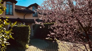 Um edifício residencial com telhado de cerâmica, janela visível e um caminho que leva a um jardim com árvores floridas.