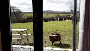 Visão através de uma porta de vidro de uma área externa gramada com uma mesa de piquenique e uma panela de metal.