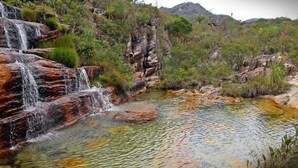 Uma cachoeira natural deságua sobre rochas avermelhadas em uma piscina cristalina, rodeada por vegetação.