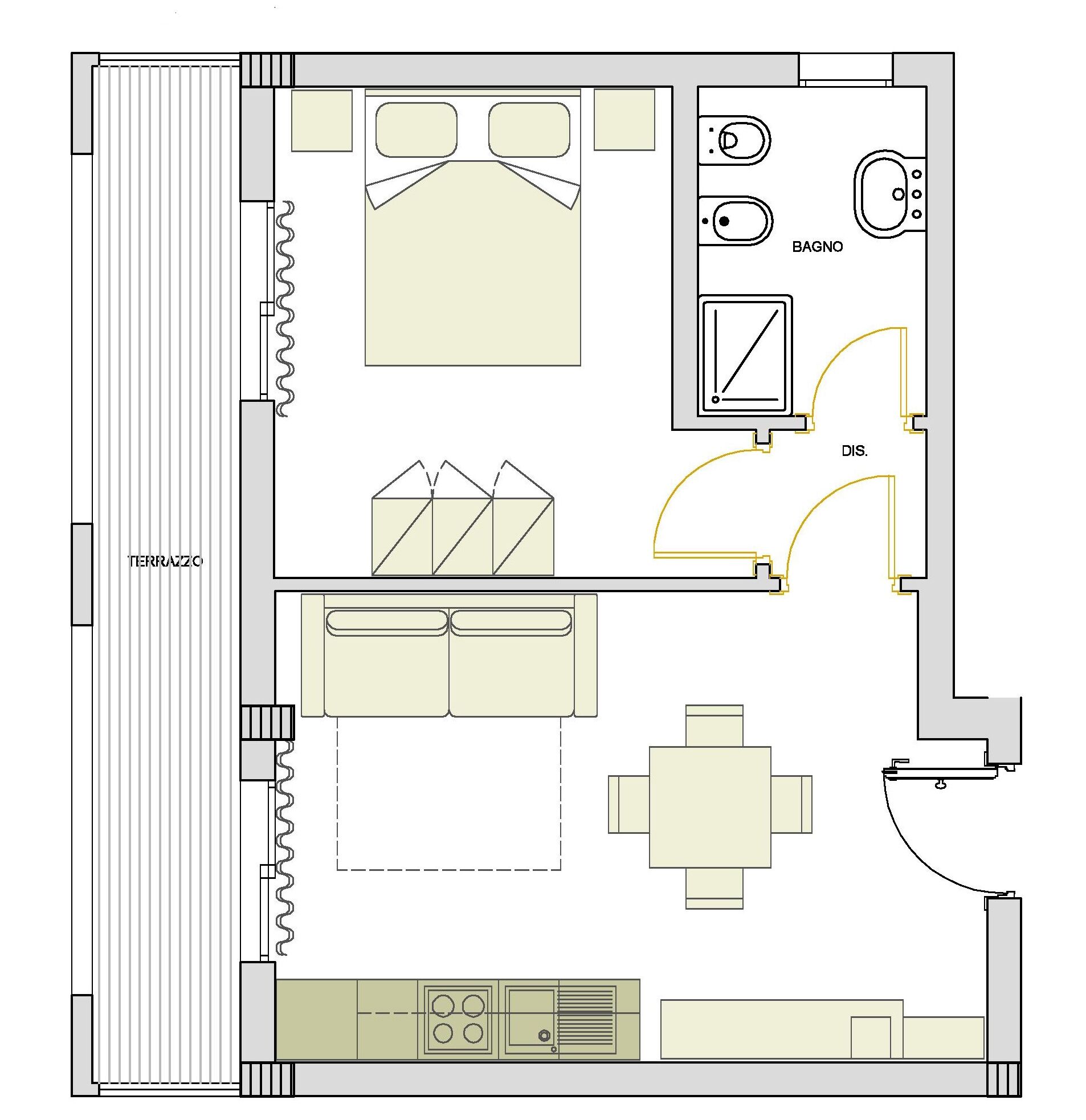 Planta baixa de um quarto de hotel com cama, banheiro, cozinha compacta e área de refeições.
