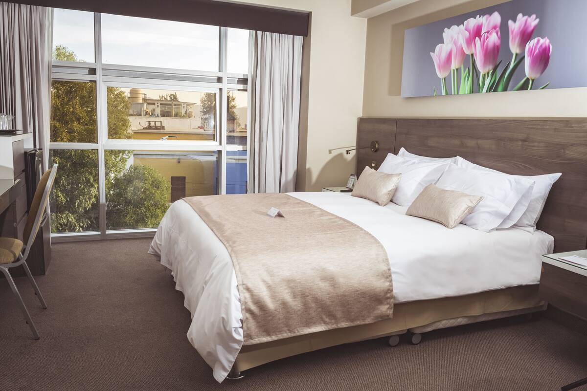 Quarto de hotel com uma cama grande, uma escrivaninha e uma cadeira. Há uma janela com vista para edifícios e árvores.