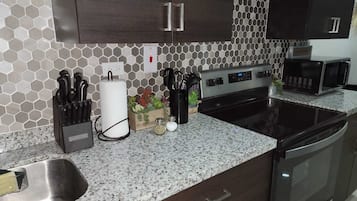 Geladeira grande, micro-ondas, talheres/pratos/utensílios de cozinha