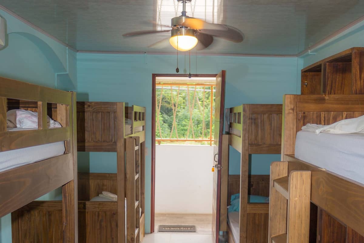Quarto com beliches, ventoinha no teto e janela com vista para o verde.
