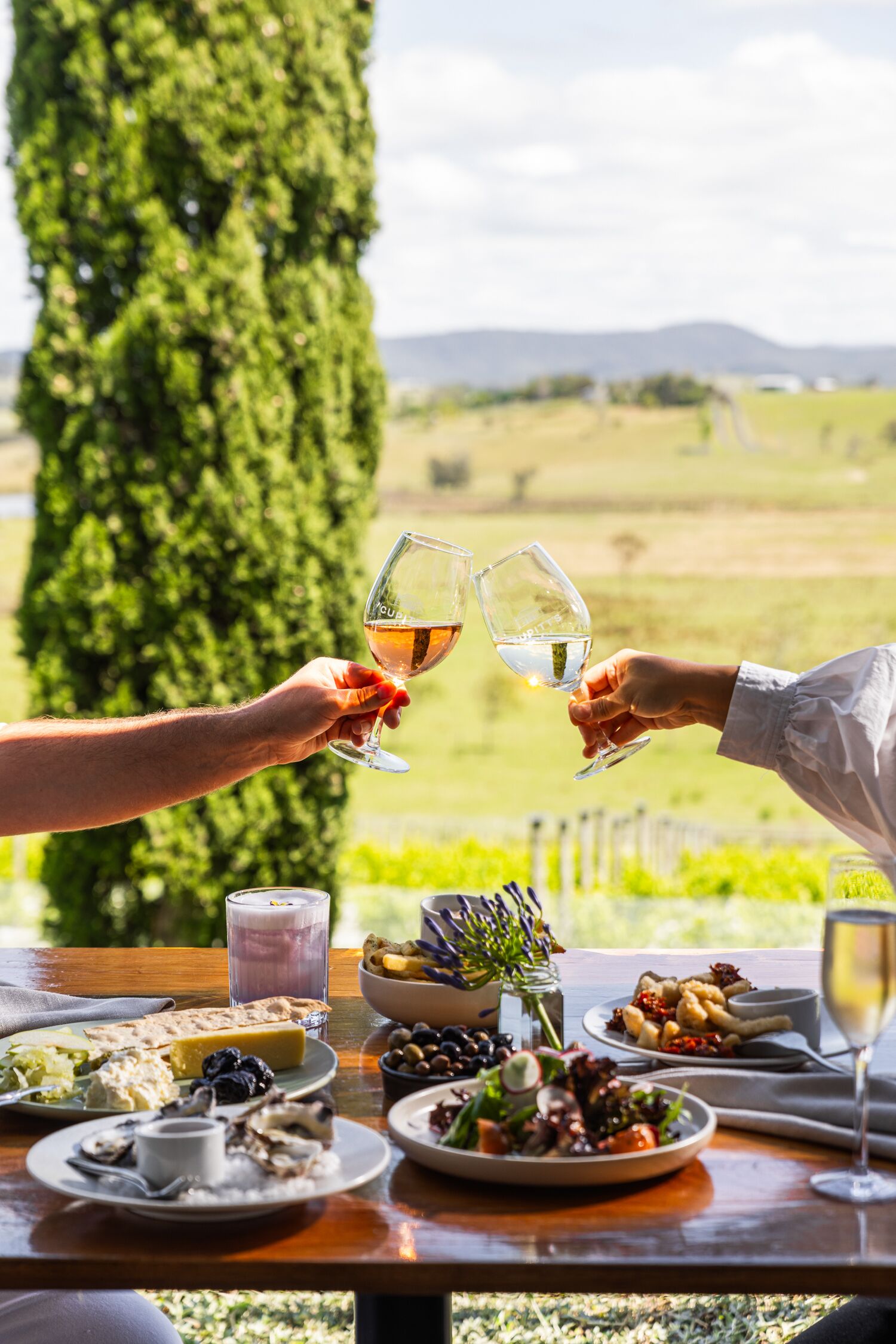 Mesa posta com diversos pratos e bebidas, com vista para uma paisagem cênica com uma árvore alta e colinas ao longe.