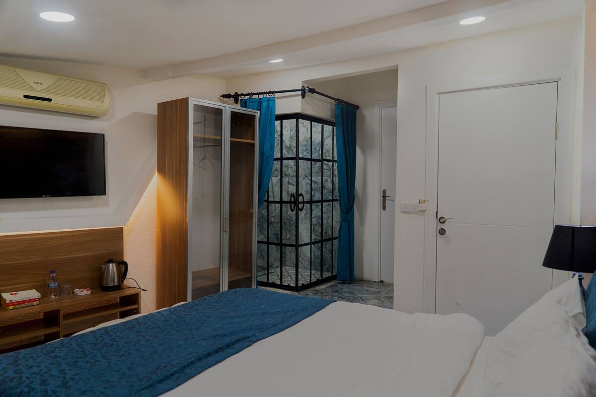 Quarto de hotel com cama, televisão, guarda-roupa, área de chuveiro e uma porta.