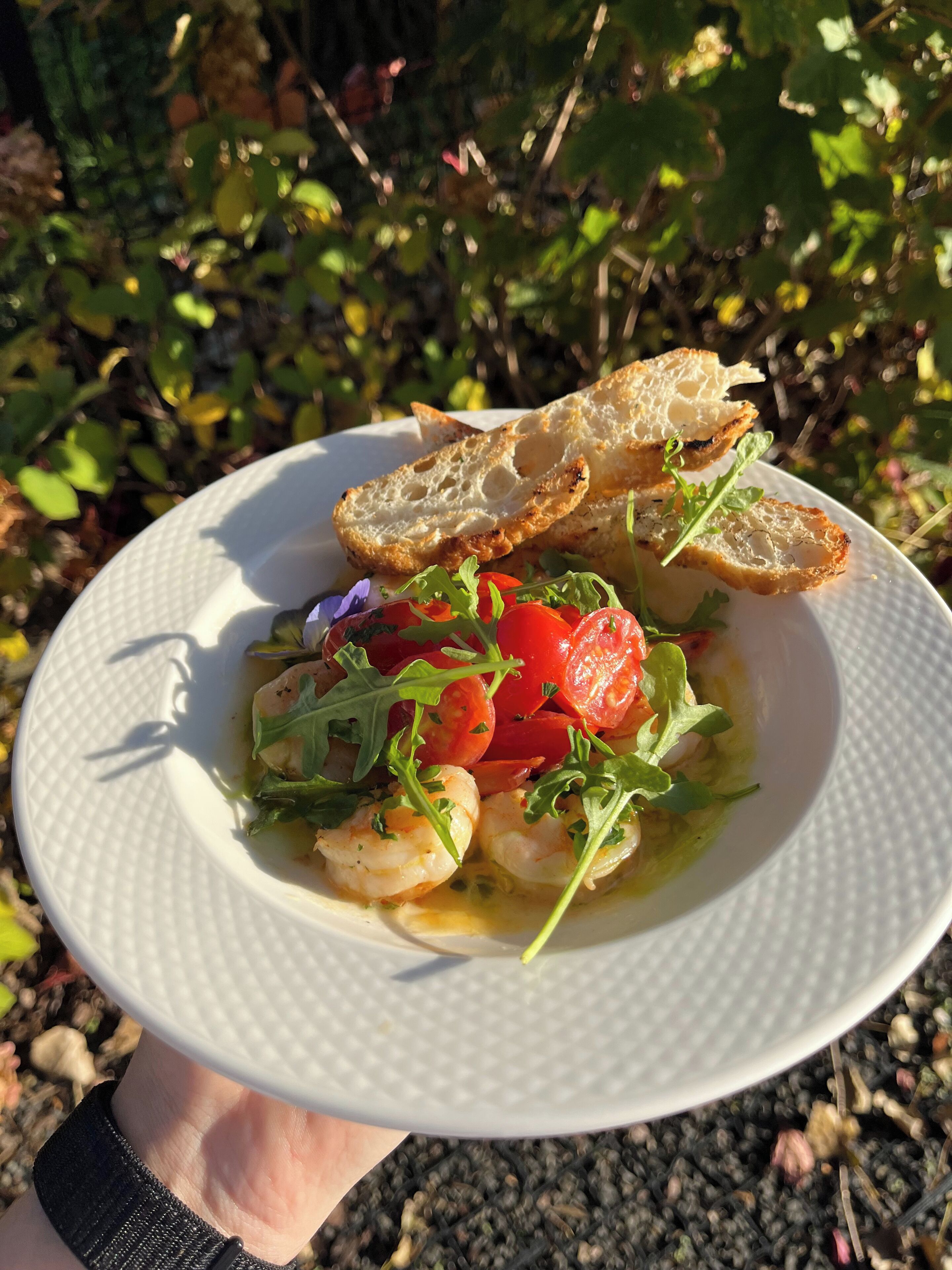Prato de comida com camarões, tomates e folhas verdes, segurado por uma pessoa.