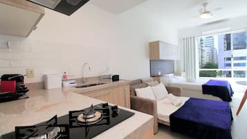 Apartamento executivo | Cozinha privada | Geladeira grande, micro-ondas, cafeteira/chaleira