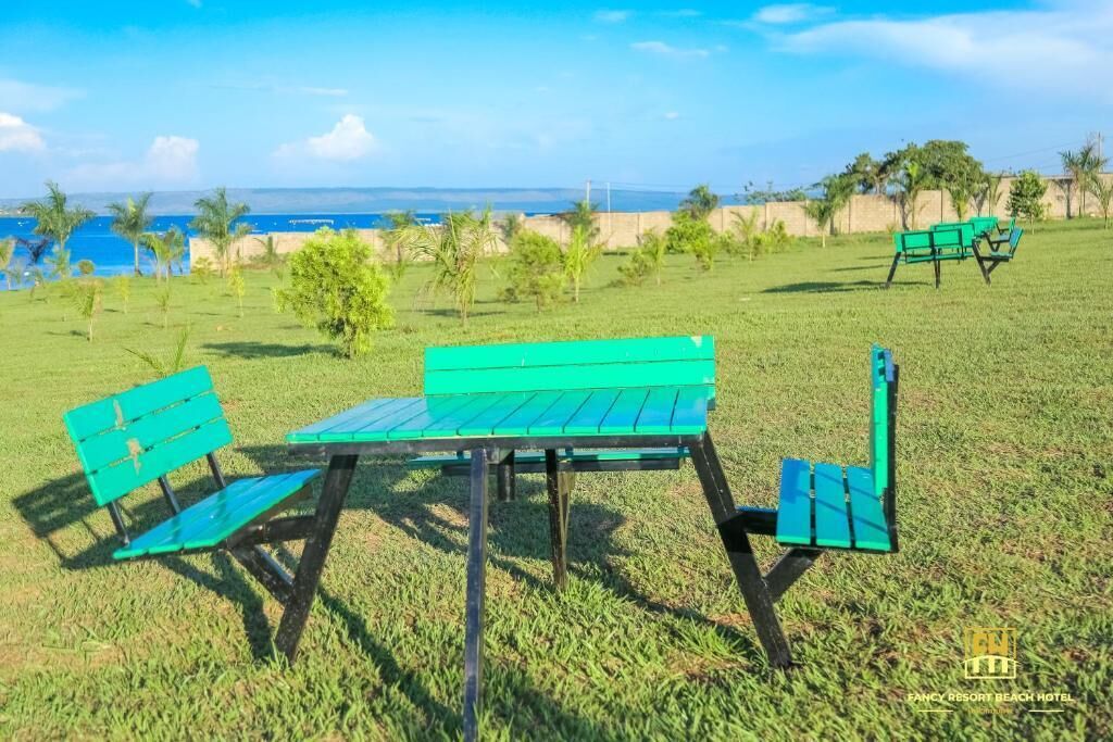 Uma área gramada com um banco verde e uma mesa, com vista para um corpo de água.