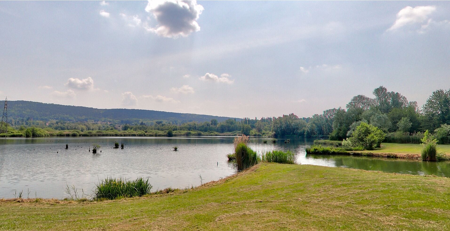 Um lago calmo com margem gramada e árvores ao fundo.