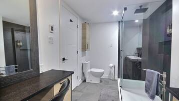 Casa de banho moderna com cabine de duche em vidro, sanita e lavatório.