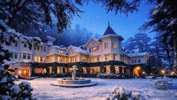 Um hotel grande, com vários andares, e um pátio central, rodeado por árvores cobertas de neve e uma fonte.