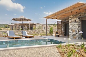 Uma área de piscina moderna ao ar livre com espreguiçadeiras, um pergolado e um edifício de pedra.