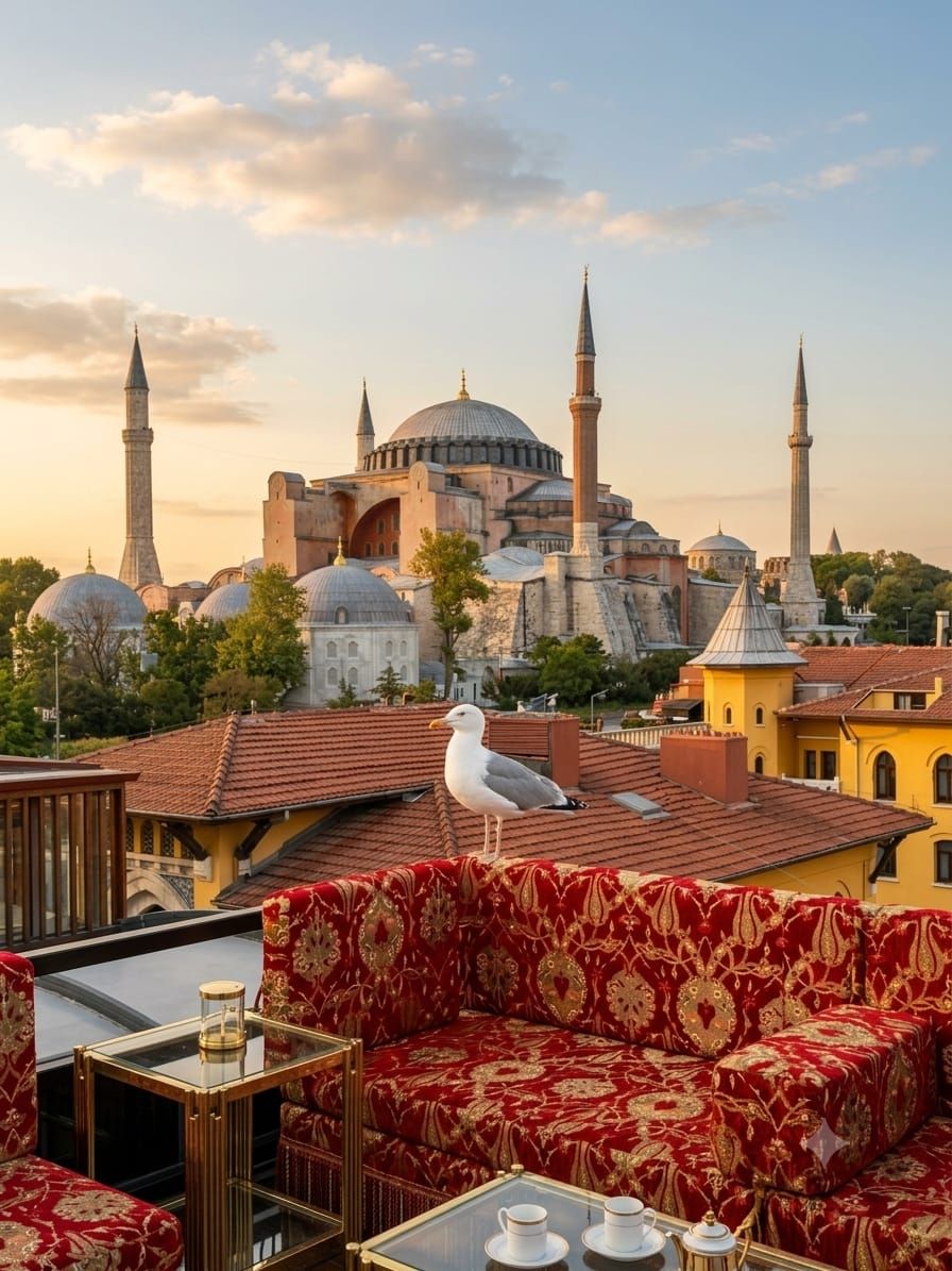 Vista de um edifício histórico com várias cúpulas e minaretes, um sofá vermelho com padrão e um pássaro branco em um terraço.