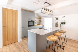 Penthouse de Luxo, 2 quartos, casa de banho anexa, Vista para a cidade | Cozinha privada | Um frigorífico/congelador grande, um micro-ondas, uma placa de cozinha 